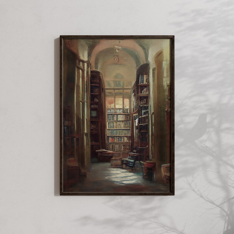 Old Library Gothic Library Wall Art Bookish Oil Painting - Etsy