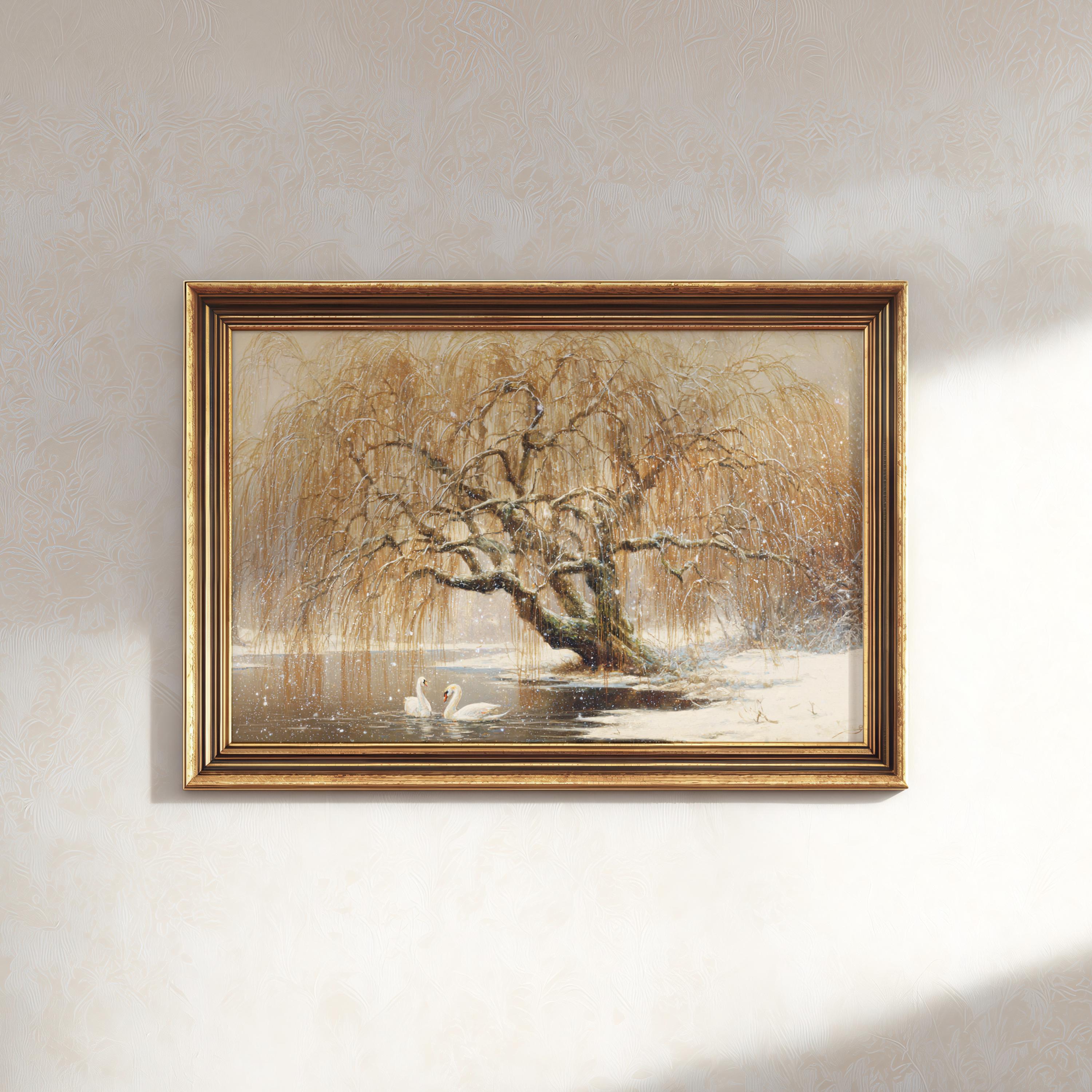 Winter Willow Tree Printable Wall Art - Vintage Snow Landscape With ...