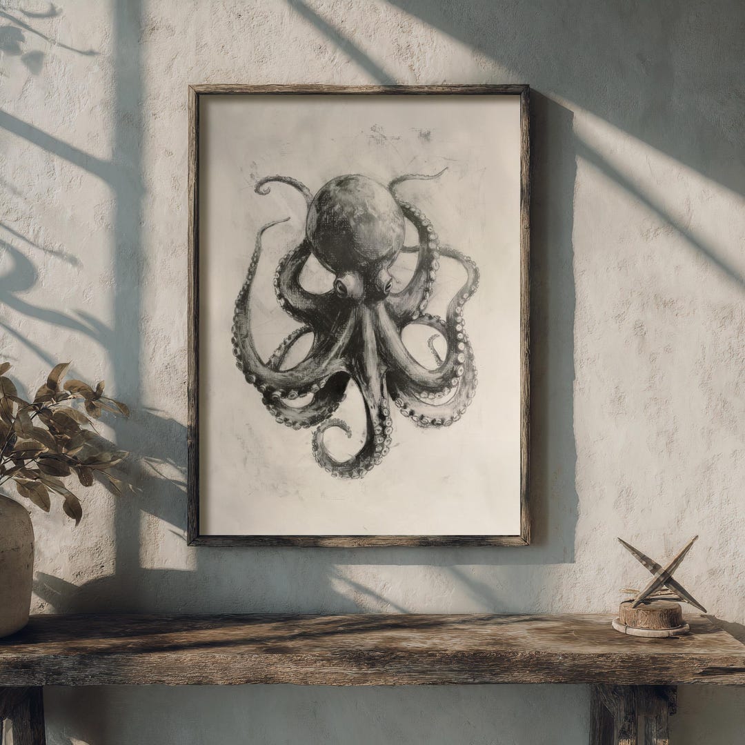 Octopus Sketch | Sea Life Print, Vintage Beach House Decor, Coastal ...