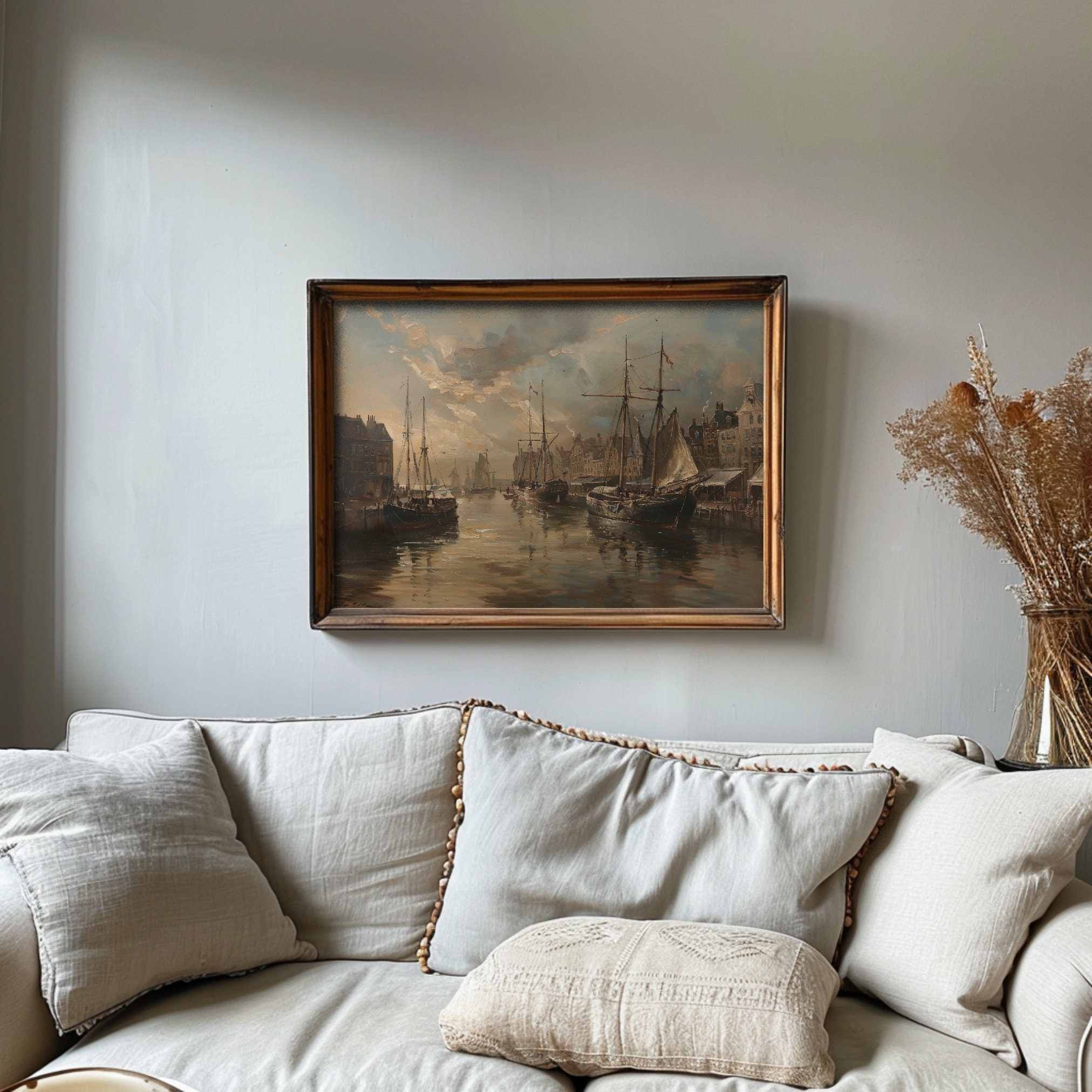 Harbor at Dawn | Dark Academia Decor, Victorian Seaport Painting ...
