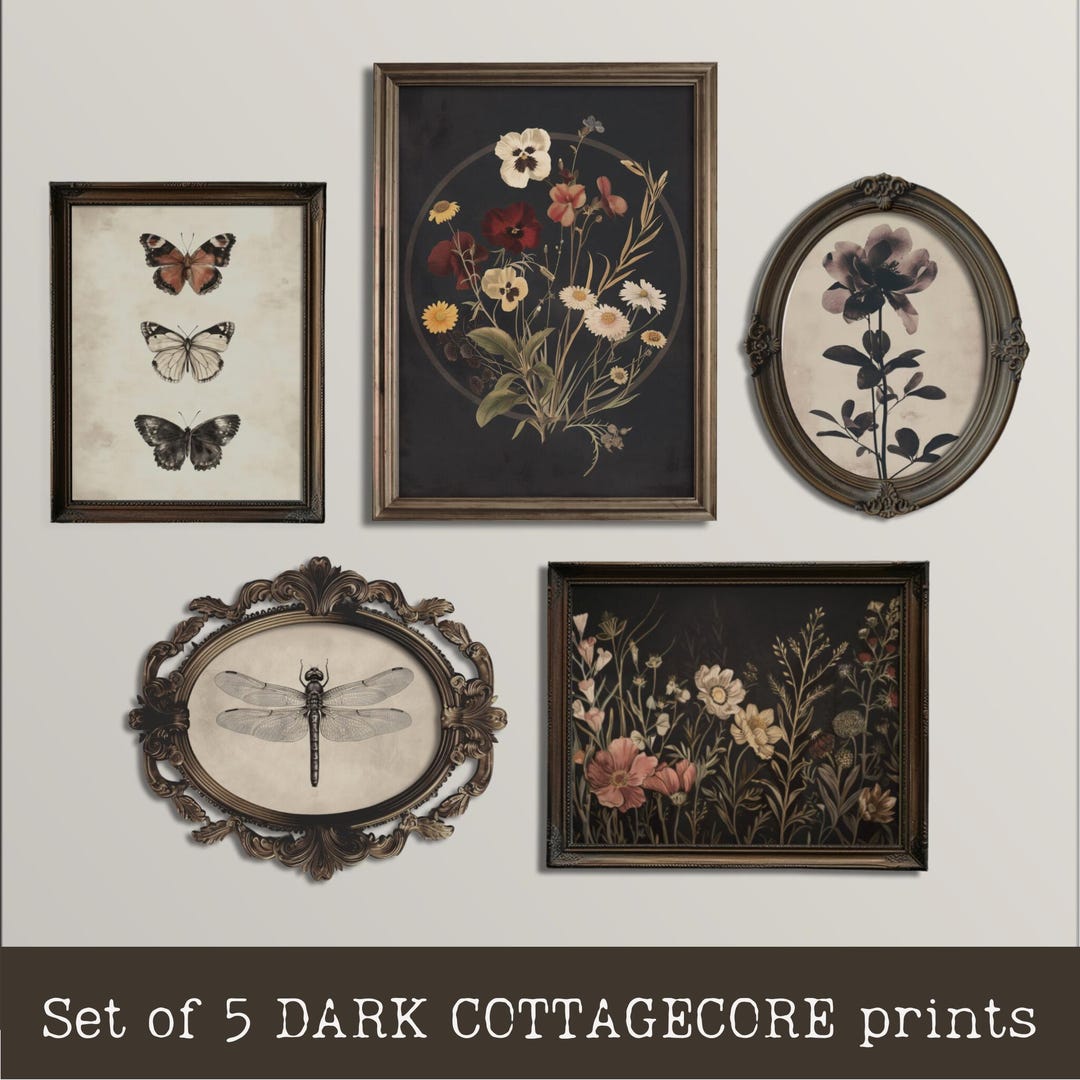Set Of 5 Dark Cottagecore Prints Victorian Botanical Aesthetic Moody