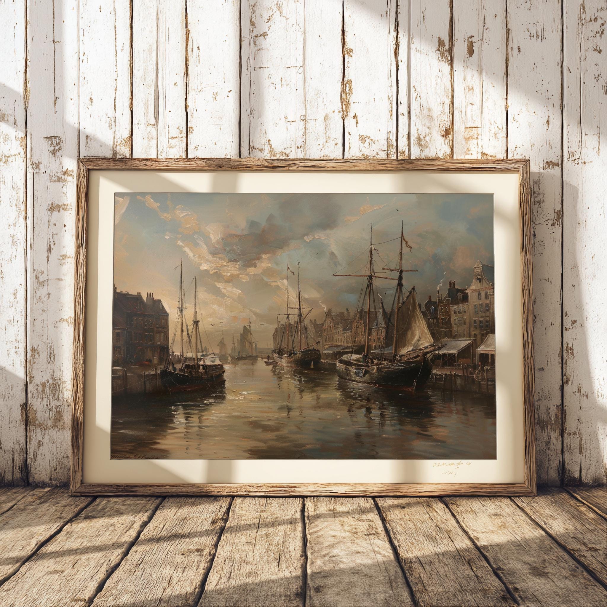 Harbor at Dawn | Dark Academia Decor, Victorian Seaport Painting ...