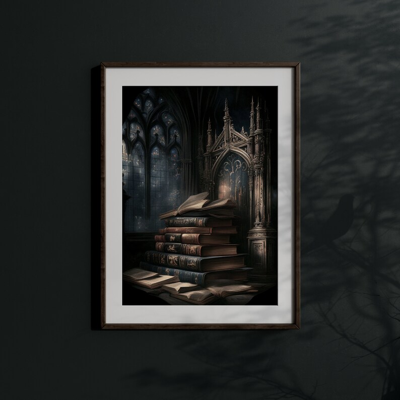 Gothic Library Book Stack Art Print | Dark Academia Room Decor (digital ...