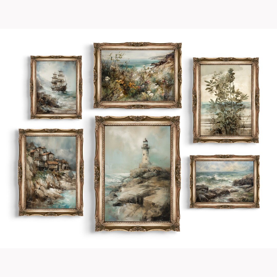 Set of 6 Coastal Landscape Prints | Nautical Gallery Wall Set, Seascape ...
