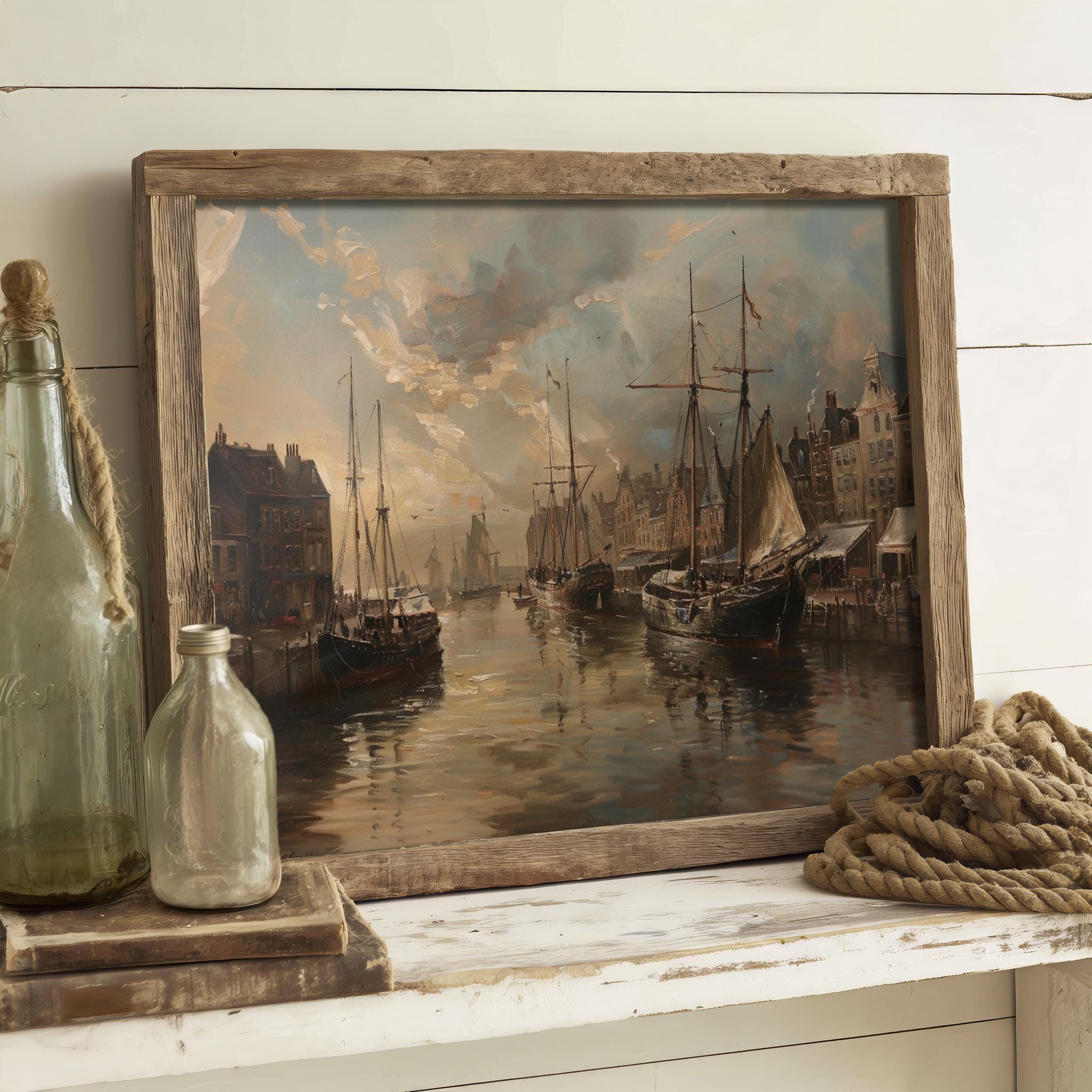 Harbor at Dawn | Dark Academia Decor, Victorian Seaport Painting ...
