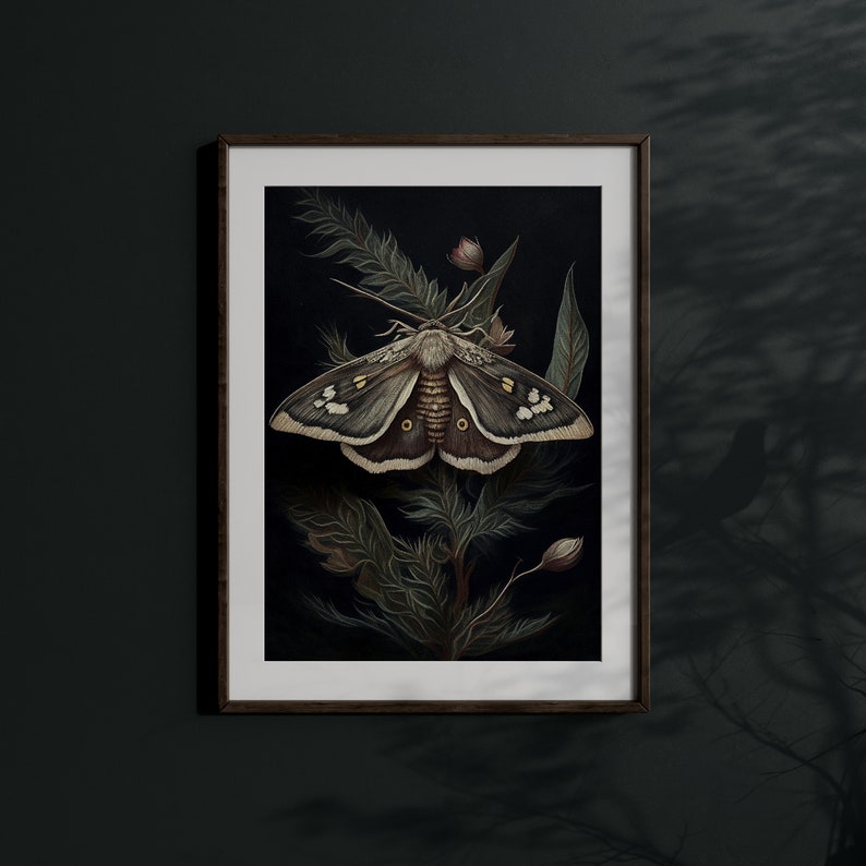 Botanical Moth Dark Cottagecore Wall Art Moody Floral - Etsy