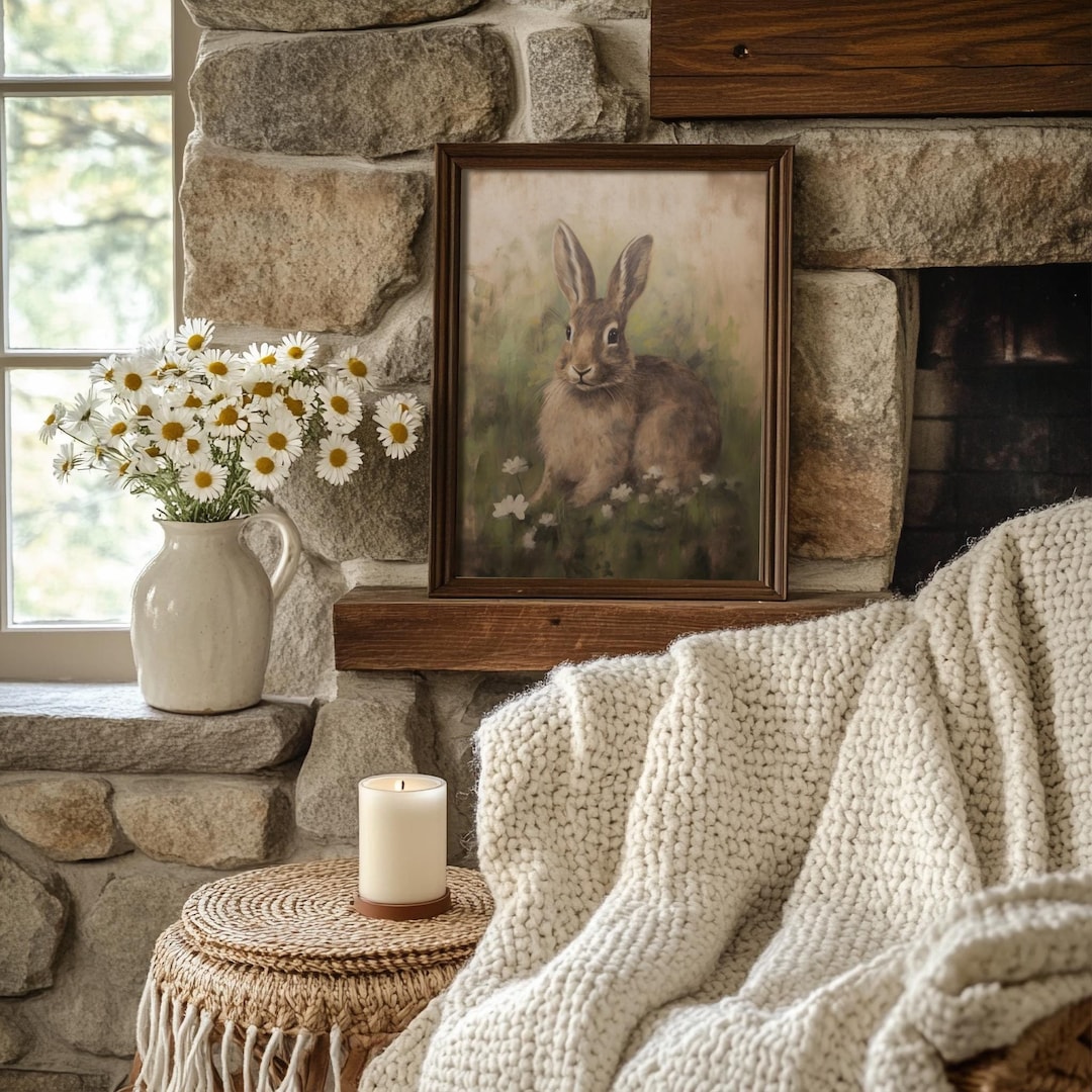 Bunny | Rabbit Painting, Cottagecore Decor, Rustic Easter Print, Spring ...