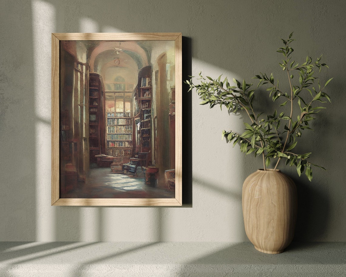 Old Library Gothic Library Wall Art Bookish Oil Painting - Etsy