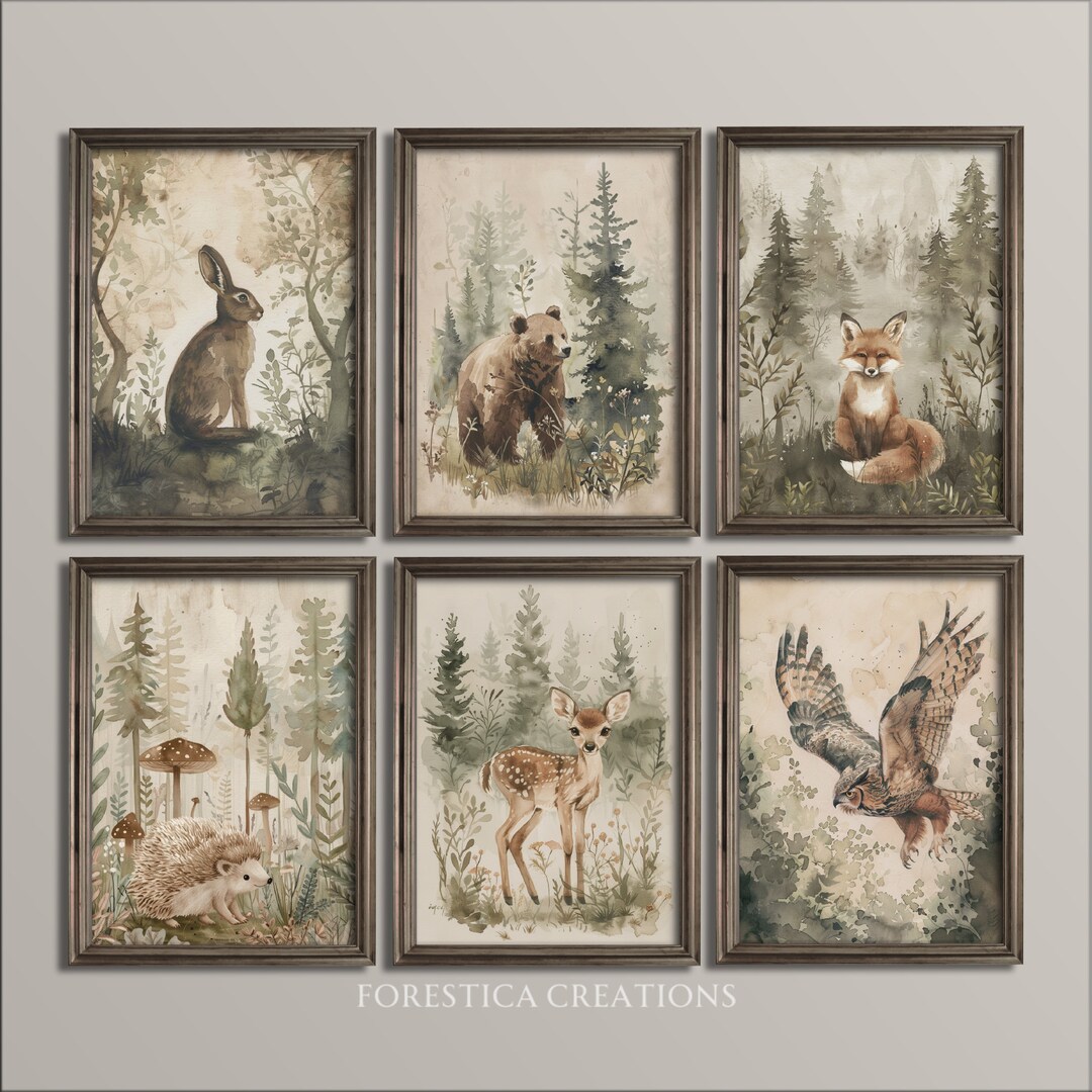 Set of 6 Nursery Prints Forest Animals Gallery Wall Set, Cottagecore ...