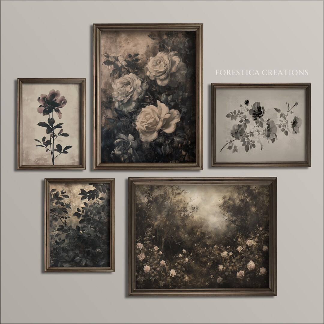 Set of 5 Dark Floral Prints | Moody Goth Gallery Wall Set, Dark ...