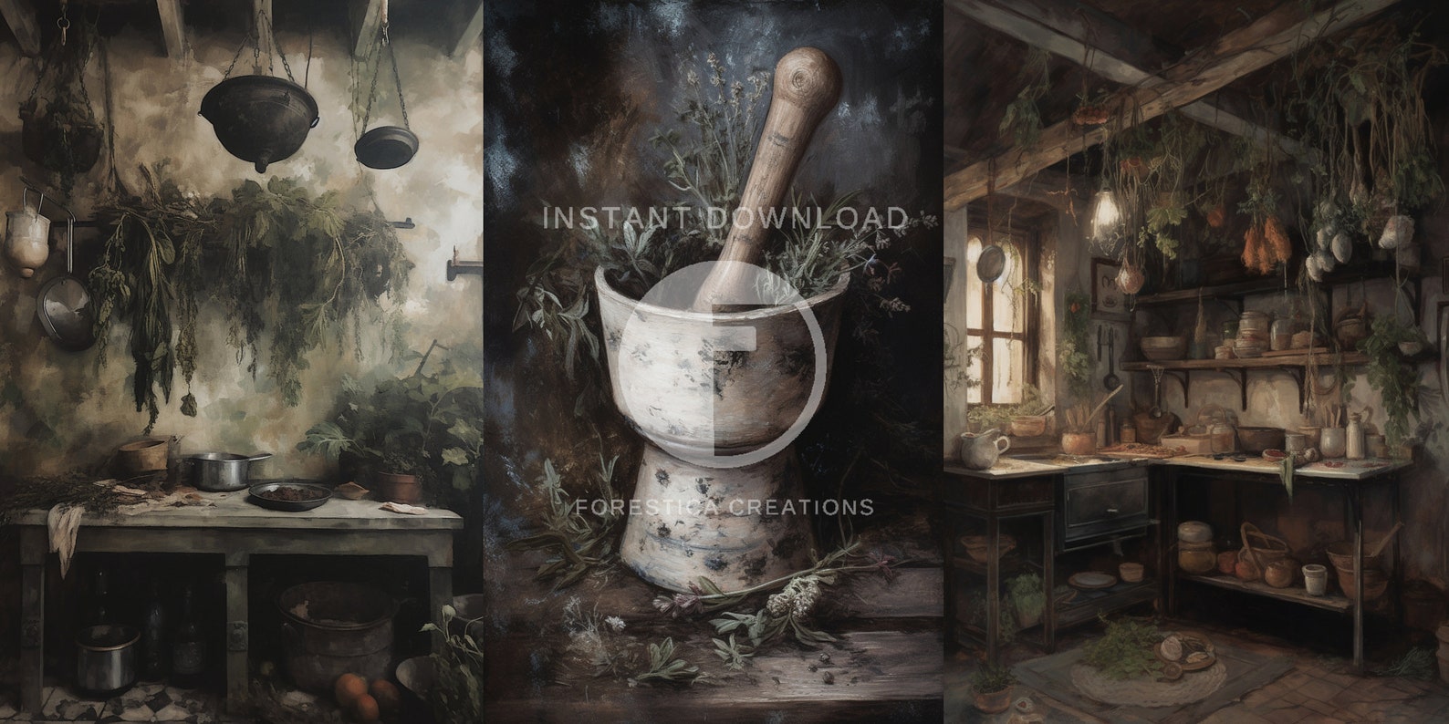 Set of 3 Kitchen Witch Prints | Dark Cottagecore Decor, Moody Wall Art ...