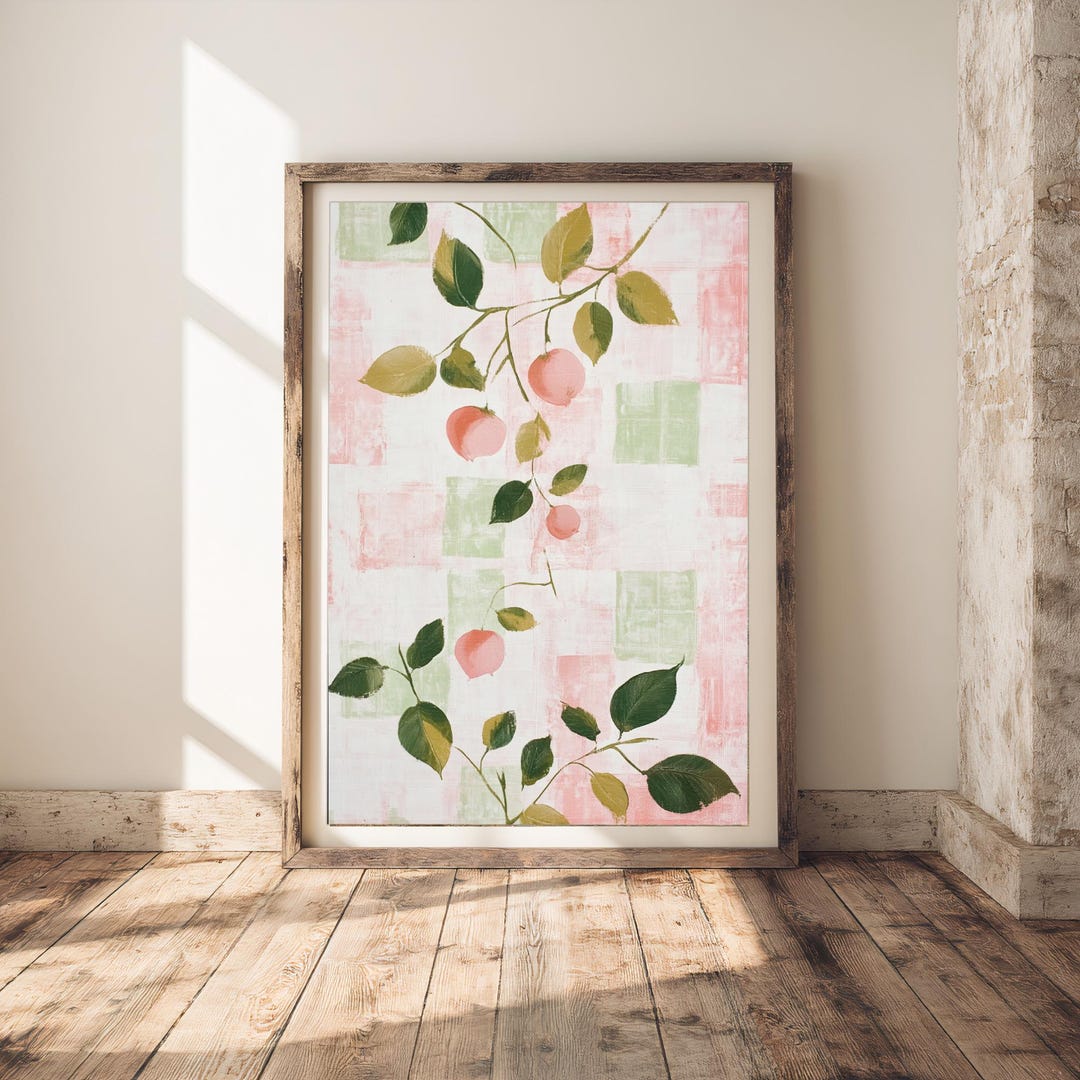 Cottagecore Peach Branch Print | Vintage Gingham Wall Art (digital ...