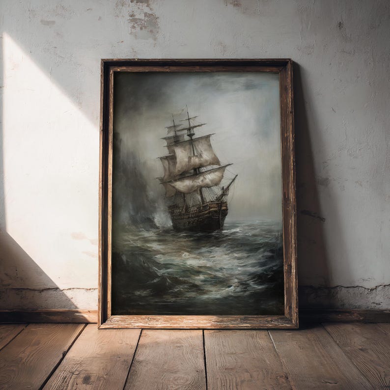 Stormy Sea Ship | Coastal & Ocean Aesthetic, Dark Academia Decor ...