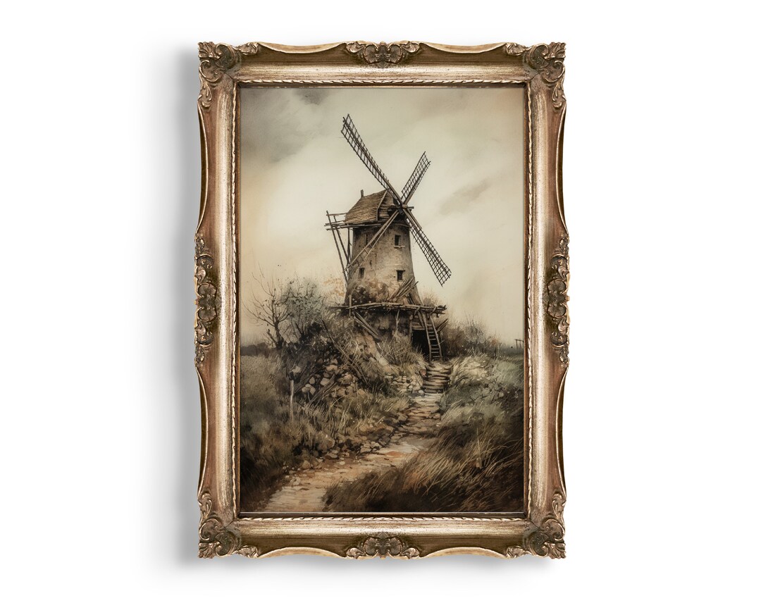 Windmill Vintage Cottagecore Wall Art, Farmhouse Decor, Antique ...