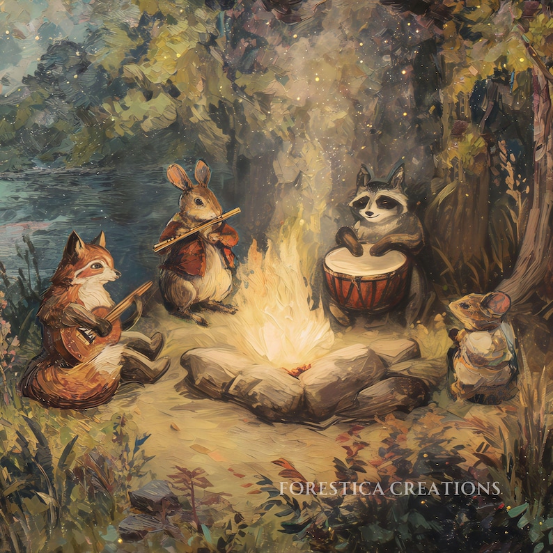 Woodland Animals Campfire Art Print | Cottagecore Nursery (digital ...
