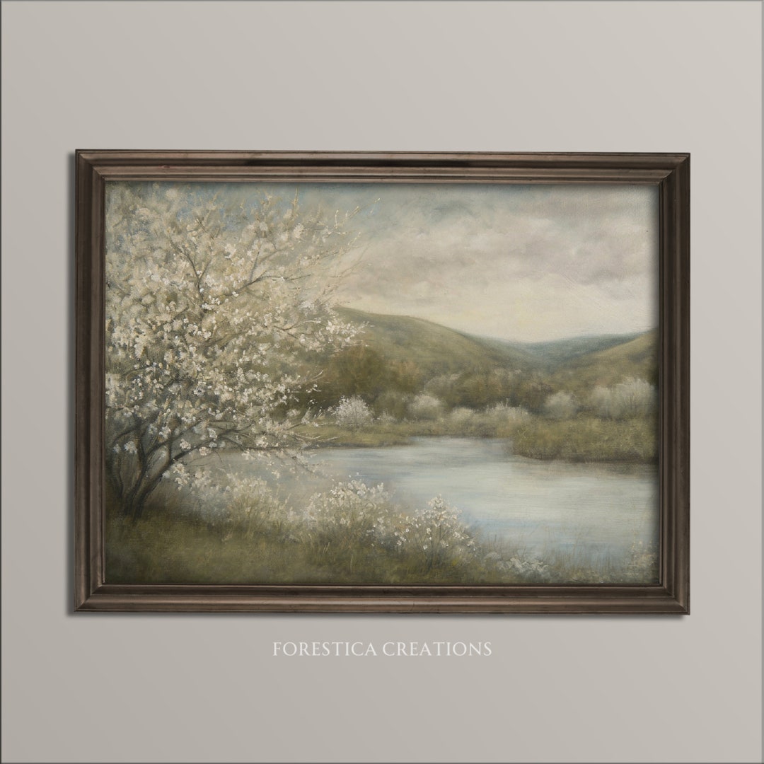 Lakeside in Spring | Rustic Farmhouse Wall Art, Moody Green Landscape ...