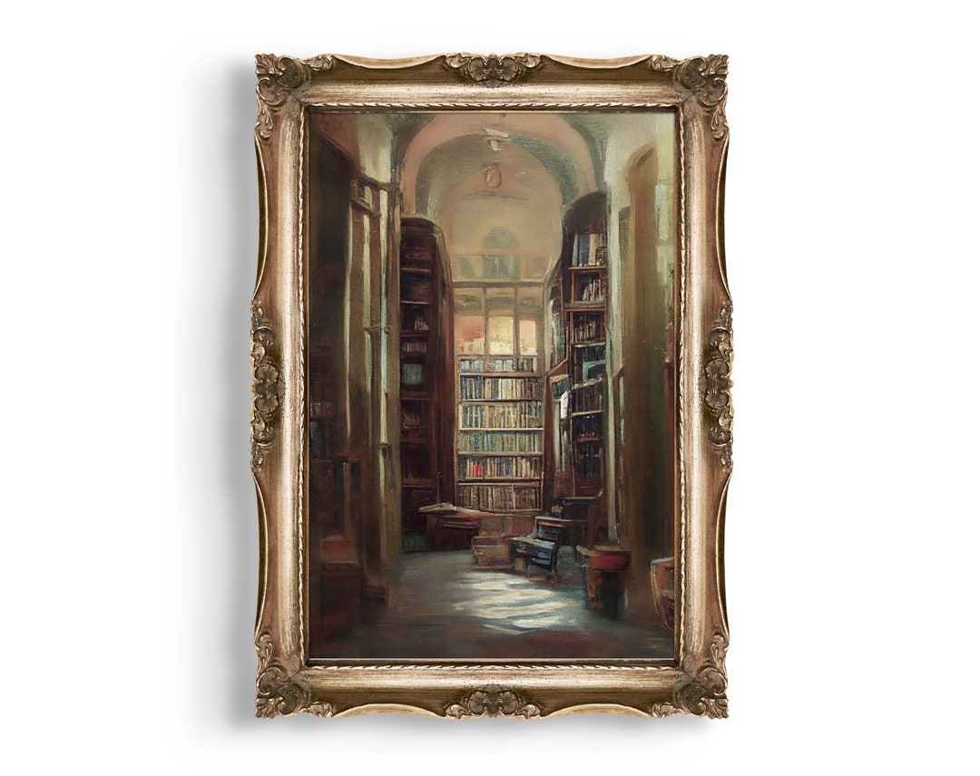 Old Library | Gothic Library Wall Art, Bookish Oil Painting Print, Dark ...