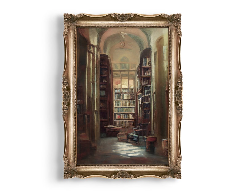 Old Library Gothic Library Wall Art Bookish Oil Painting - Etsy