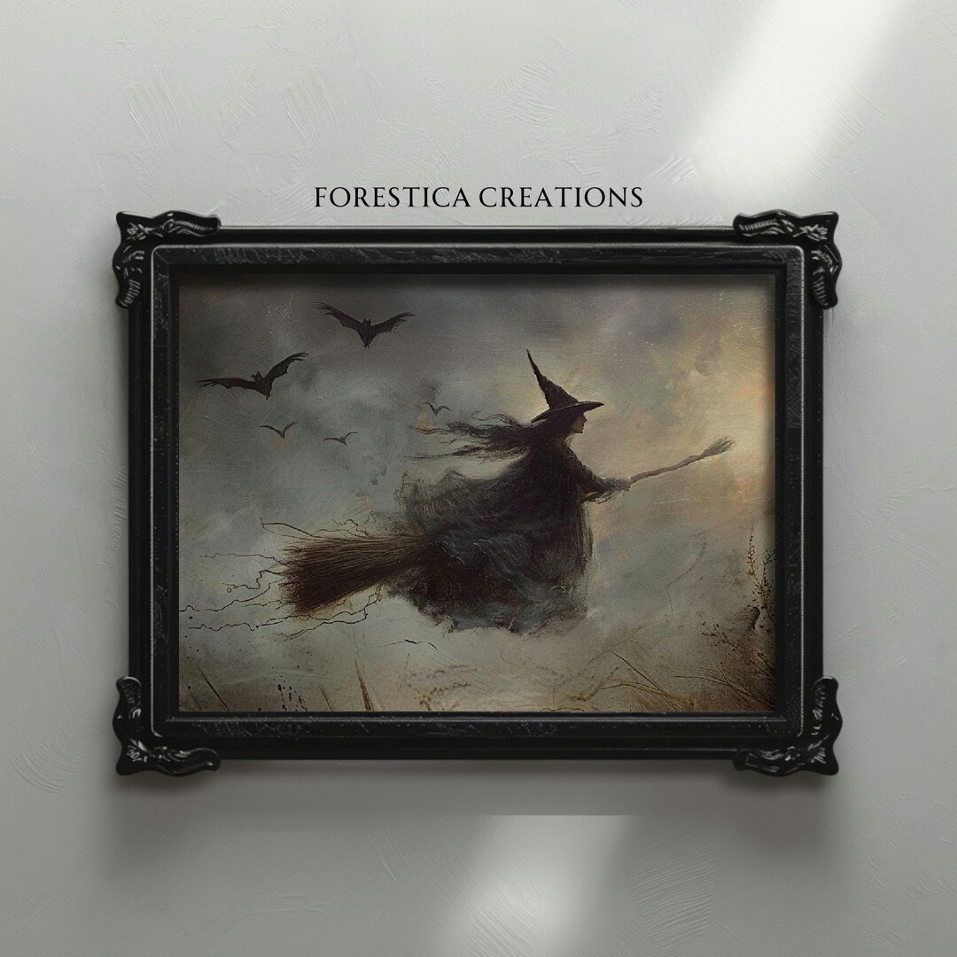 Witching Hour Witchy Wall Art, Halloween Prints, Flying Witch Painting ...