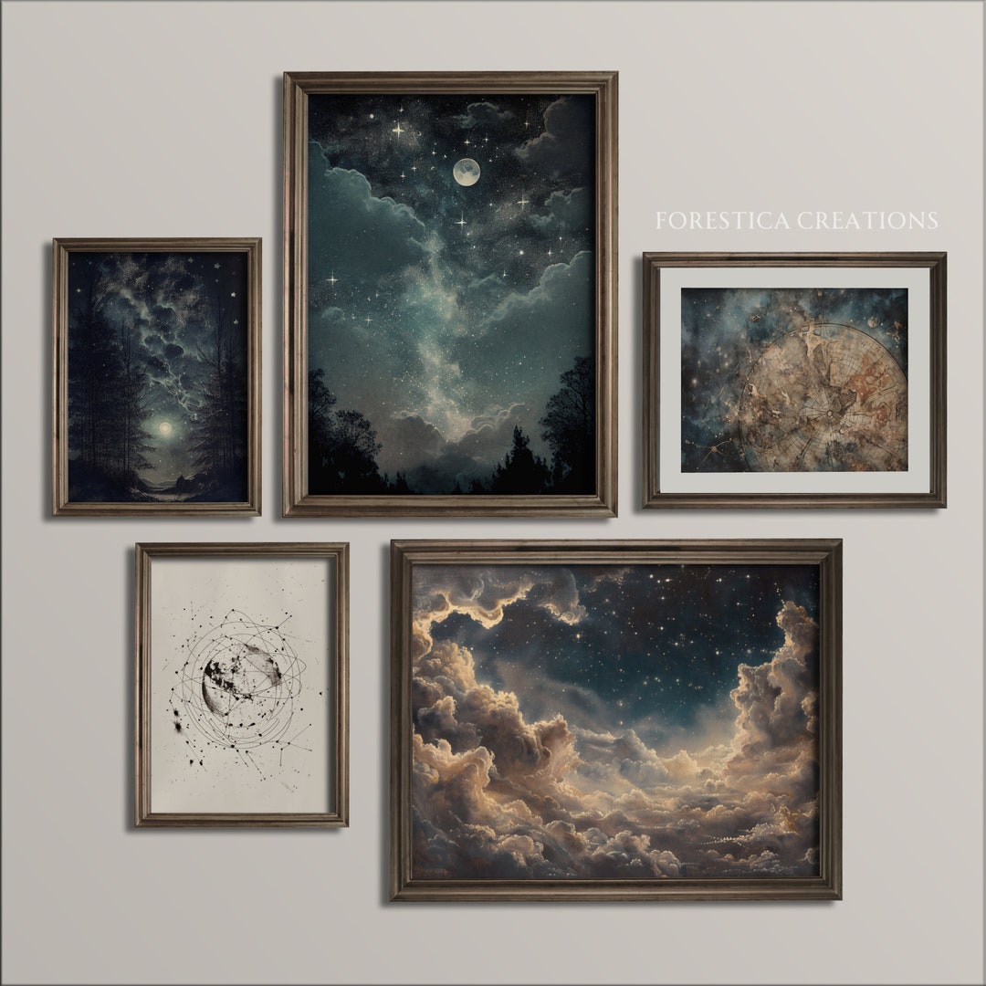 Set of 5 Night Sky Prints | Celestial Gallery Wall Set, Dark Academia Prints, Gothic Home Decor ...