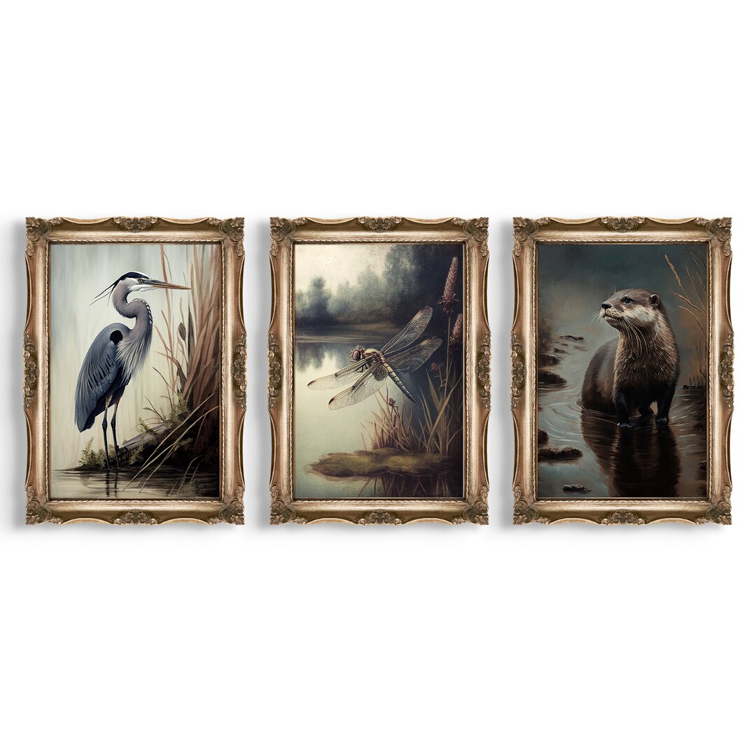 Set of 3 Lake Wildlife Prints Vintage Animal Gallery Wall Set, Triptych ...