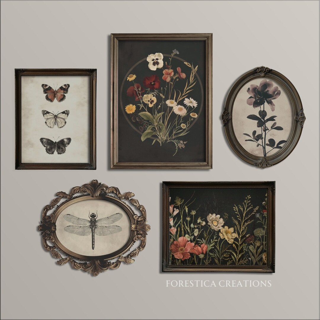 Set of 5 Dark Cottagecore Prints Victorian Botanical Aesthetic, Moody ...