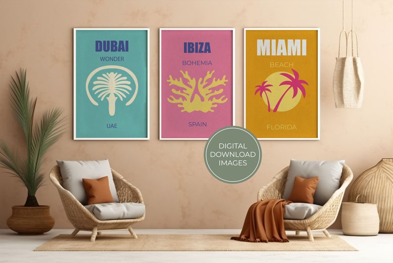 Colorful Travel Prints Gallery Set of 3, Digital Download, Printable ...
