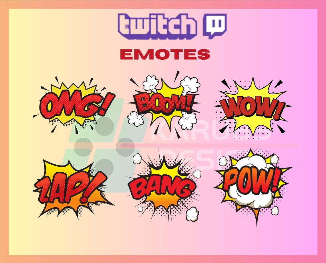 6 Twitch Emotes, Retro Comic Text Emote, Zap, Pow, Omg, Bang, Boom, Wow ...