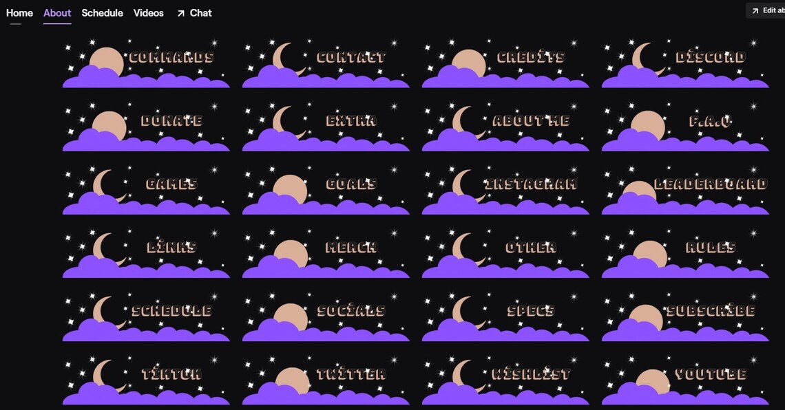 24x Twitch Panels Pack- Cute Purple Clouds, Moon, Stars, Night Panel ...