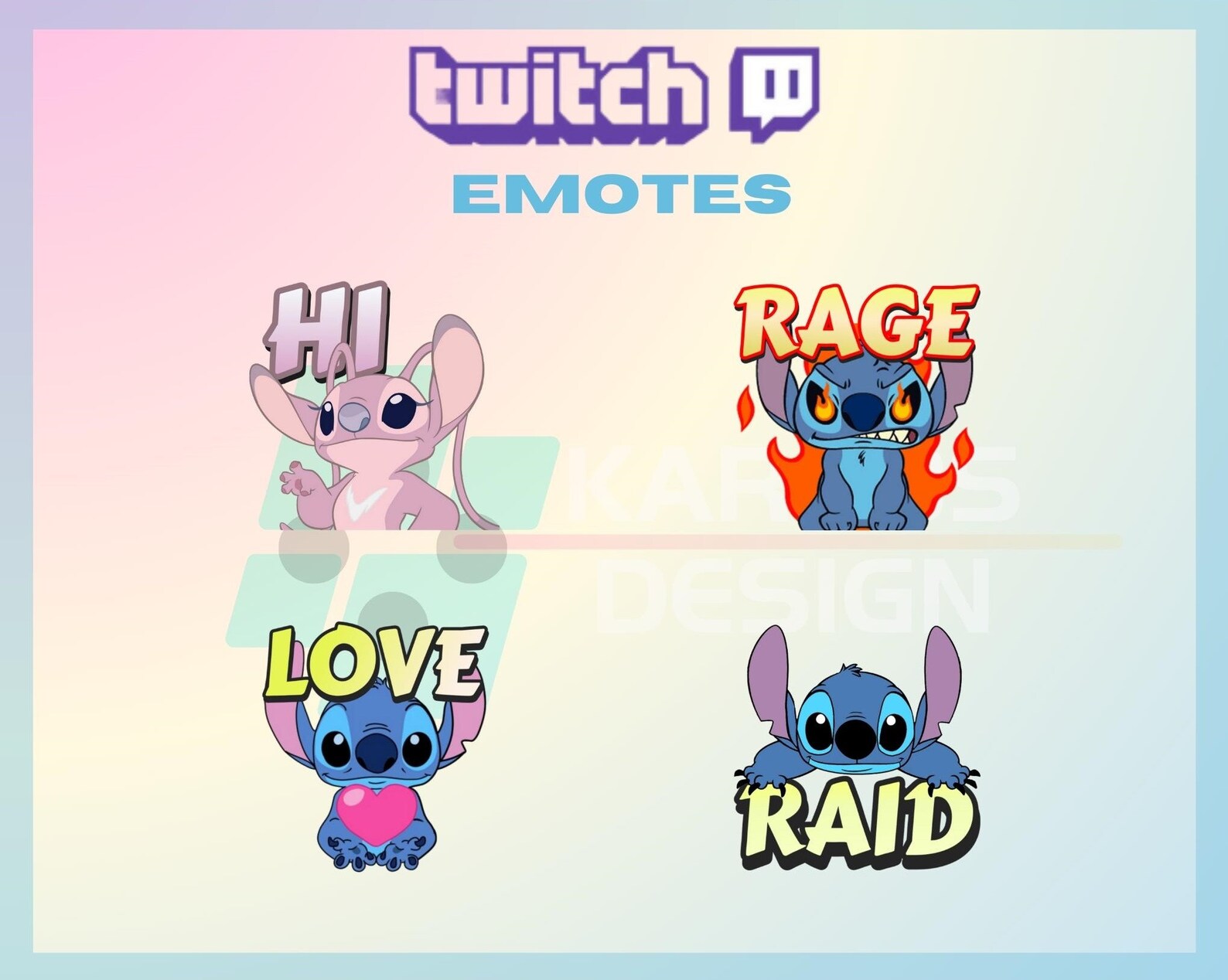 4 Twitch Emotes, Stitch Emote, Hi Emote, Rage Emote, Love Emote, Raid ...