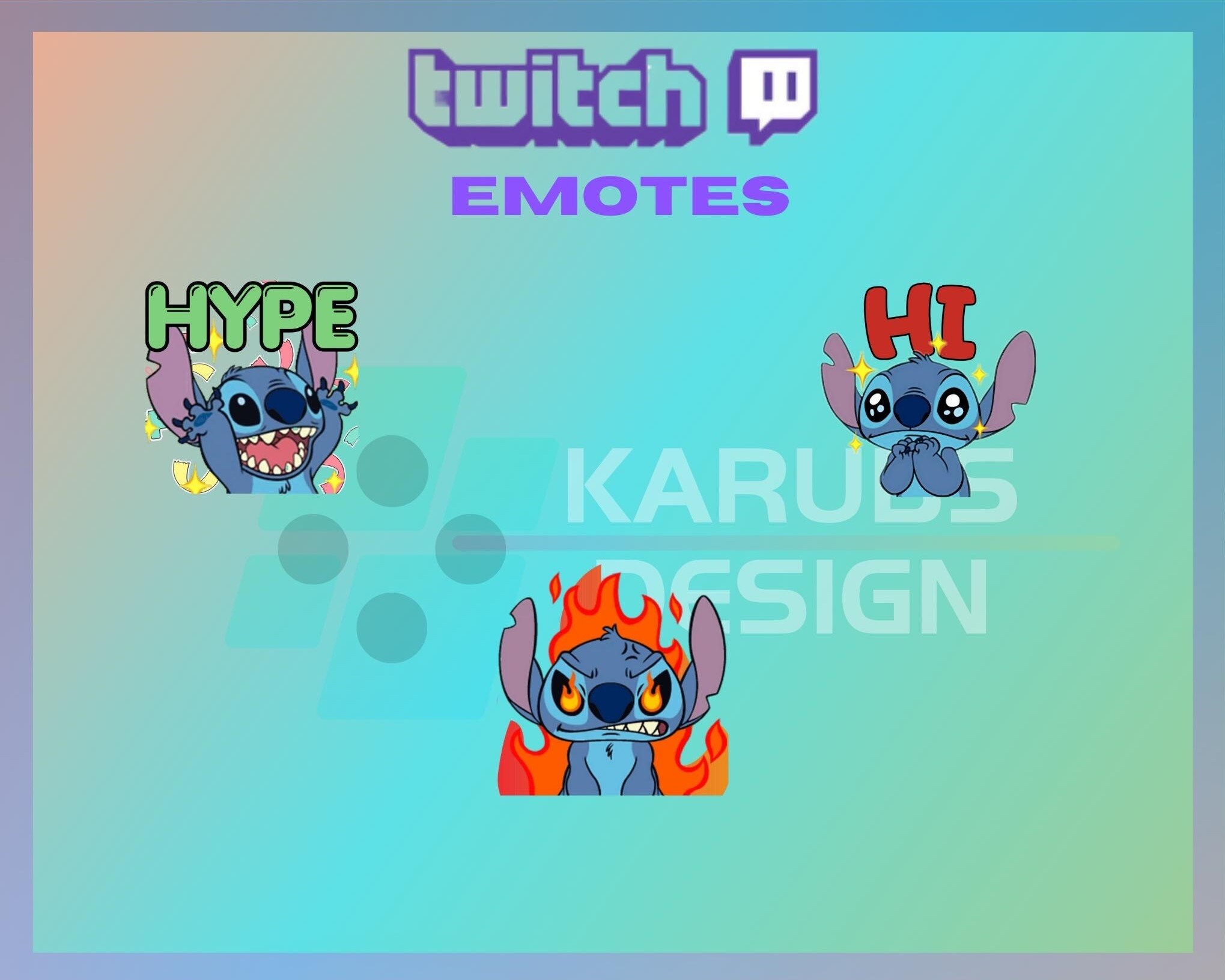 3 Twitch Emotes, Cute Stitch Emote, Hype Emote, Rekt Emote, Hi Emote ...
