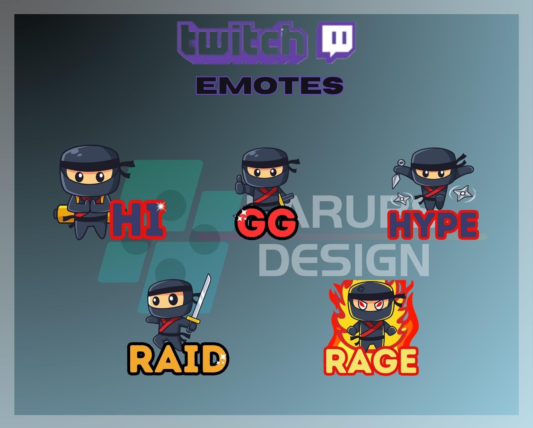5 Twitch Emotes, Ninja Emote, Hype Emote, Rage Emote, Hi Emote, GG ...