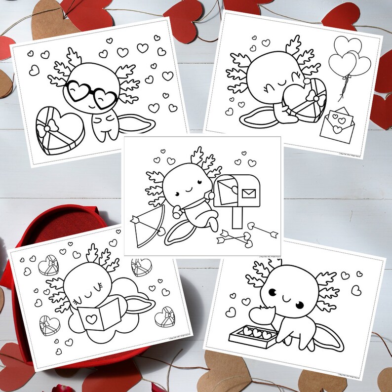 Valentine's Day Axolotl Coloring Pages Printable PDF Mexican Salamander ...