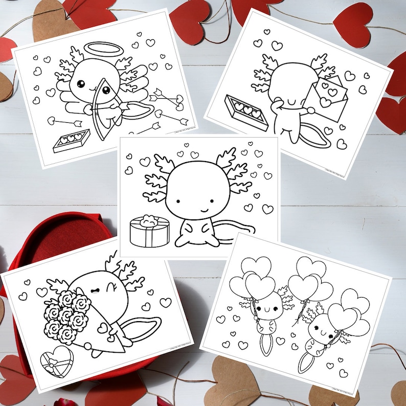 Valentine's Day Axolotl Coloring Pages Printable PDF Mexican Salamander ...