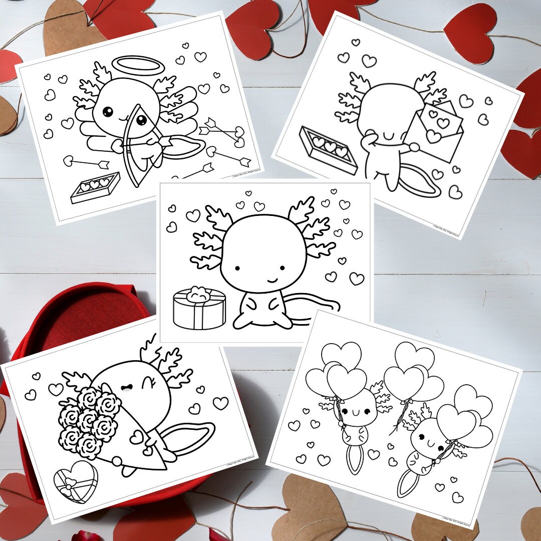 Valentine's Day Axolotl Coloring Pages Printable PDF Mexican Salamander ...