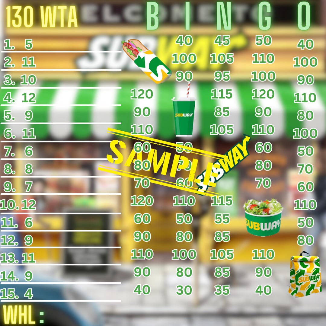 130 WTA Subway Bingo Board - Etsy