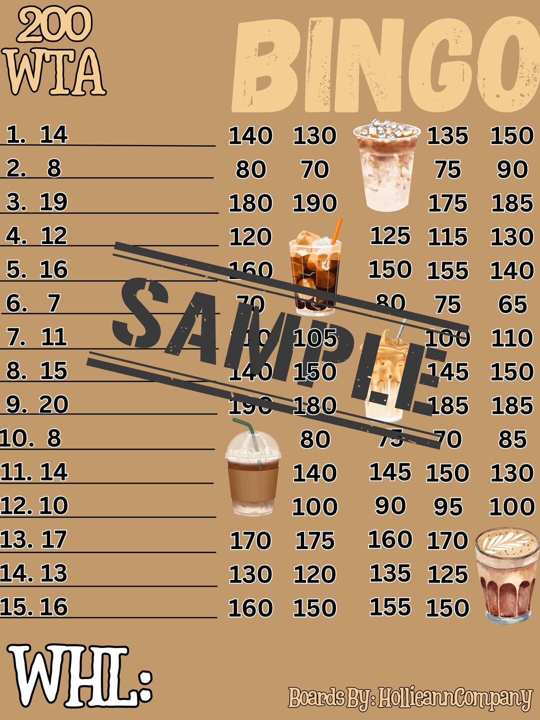 200 WTA Coffee Bingo Board - Etsy