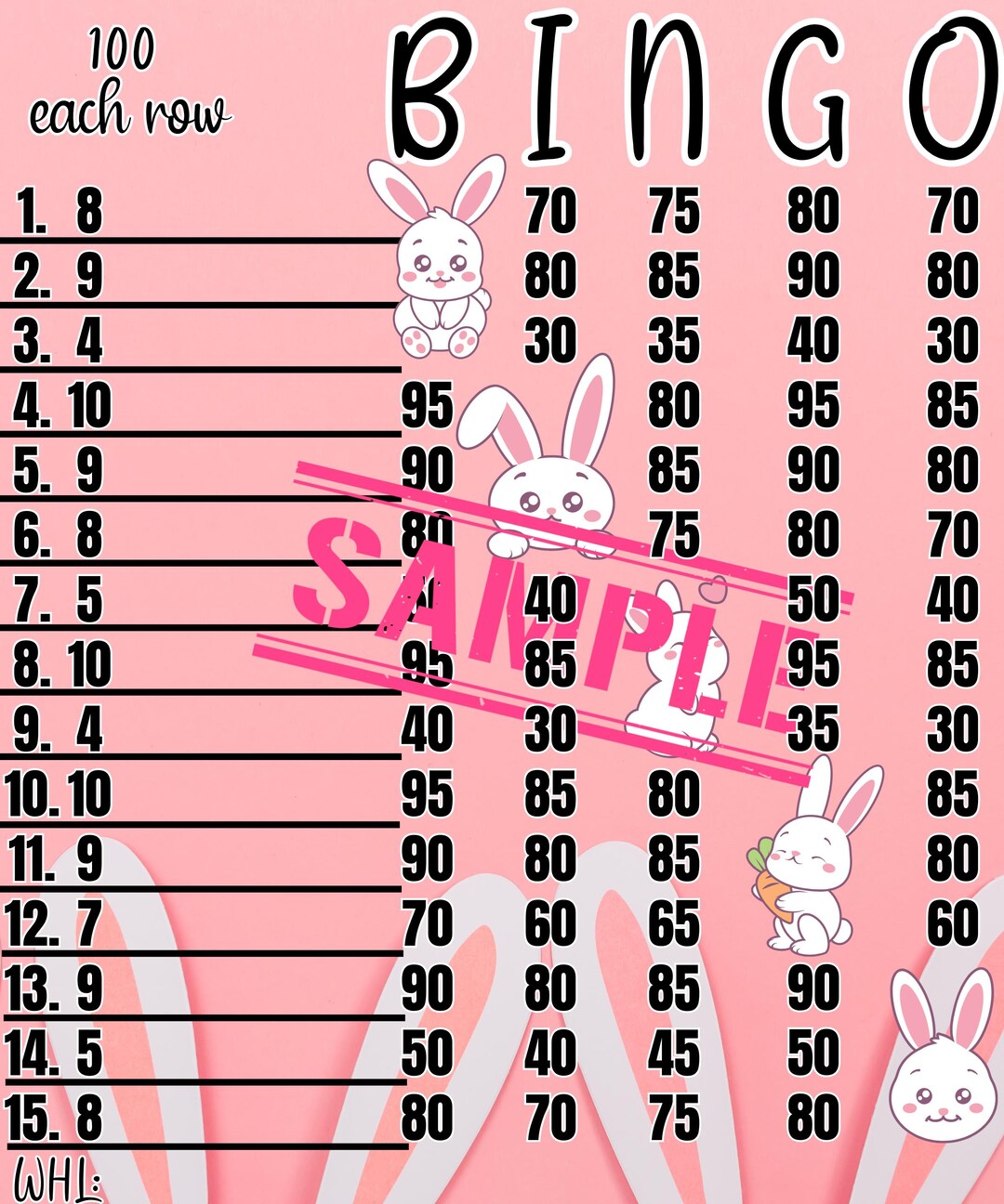 100 Each Row Easter Bunny Bingo Board - Etsy