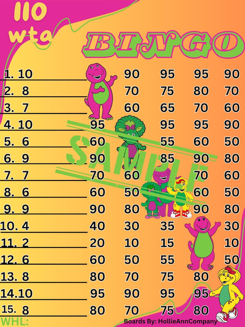 Barney 110 WTA Bingo - Etsy