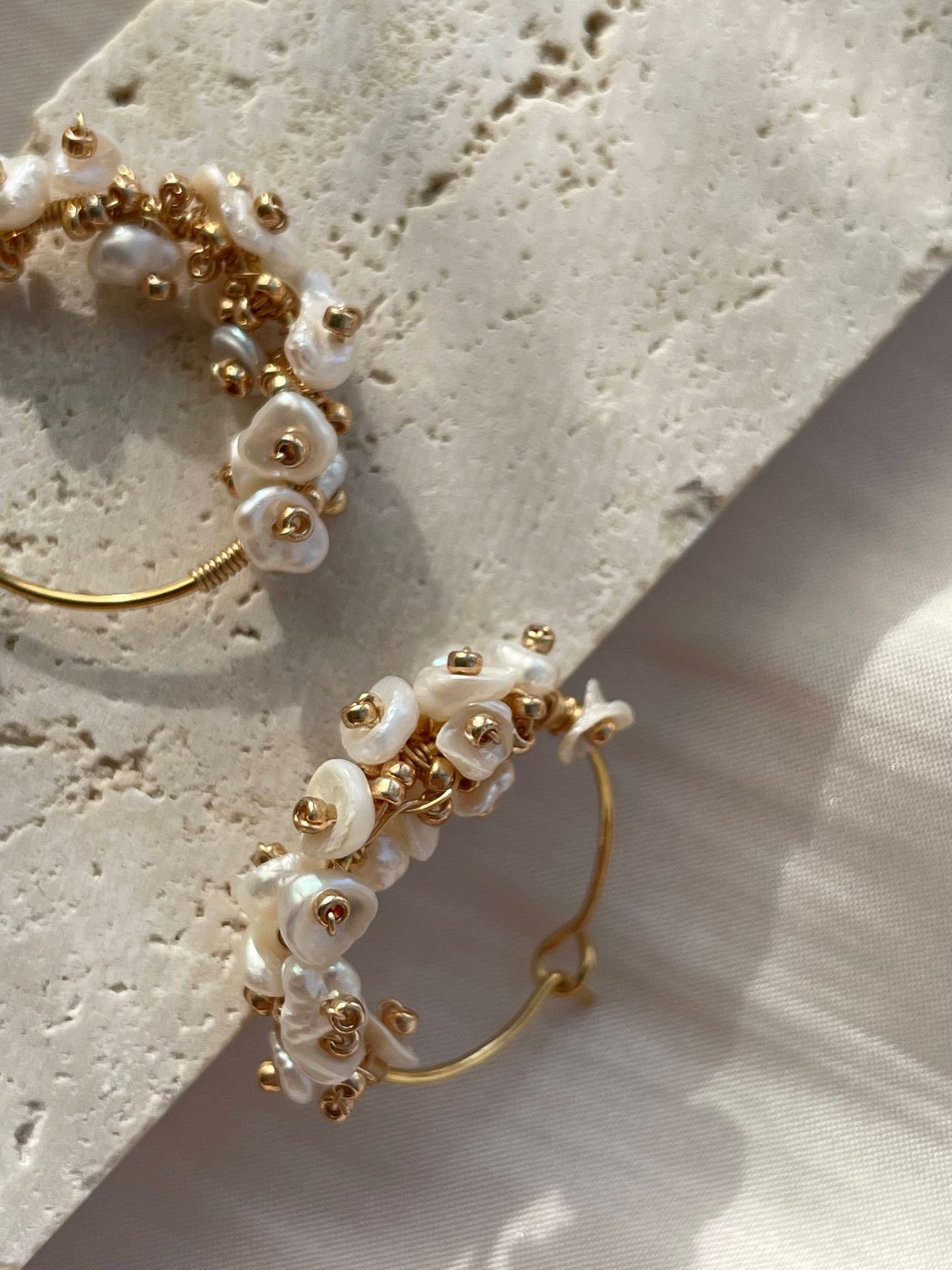 Floral Hoop Earrings, Freshwater Pearl Hoop Earrings, Baroque Pearl ...