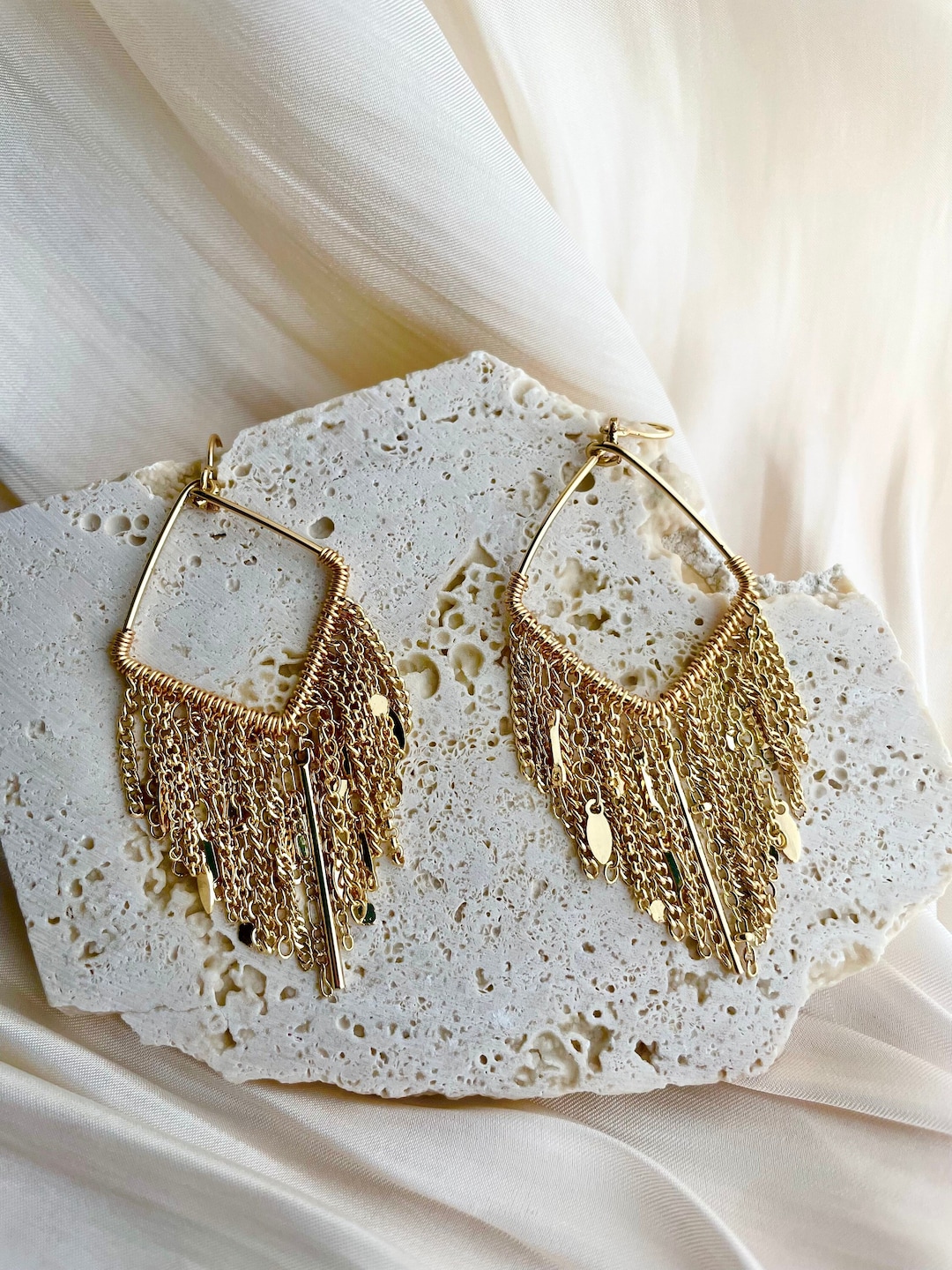 Gold Long Tassel Dangle Earrings, 14k Gold Plated Multi-chain Earrings ...