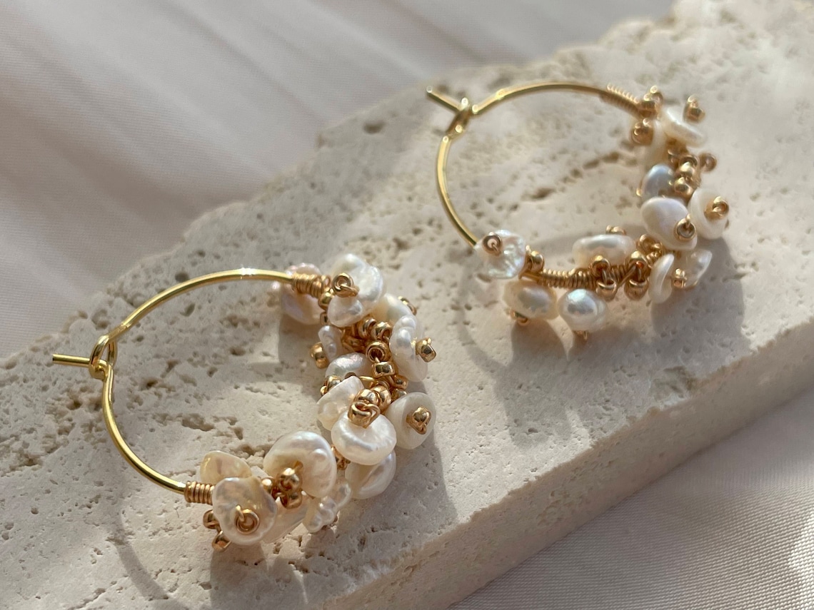 Floral Hoop Earrings, Freshwater Pearl Hoop Earrings, Baroque Pearl ...