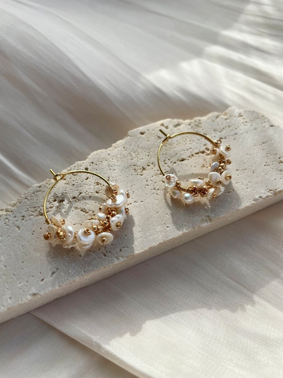 Floral Hoop Earrings, Freshwater Pearl Hoop Earrings, Baroque Pearl ...