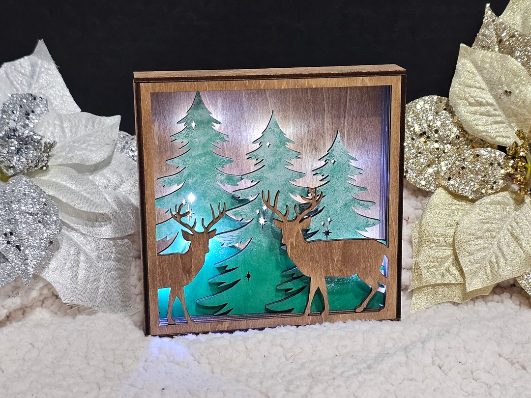 Snow Covered Trees and Deer Light-up Stand - Rustic Winter Wonderland ...