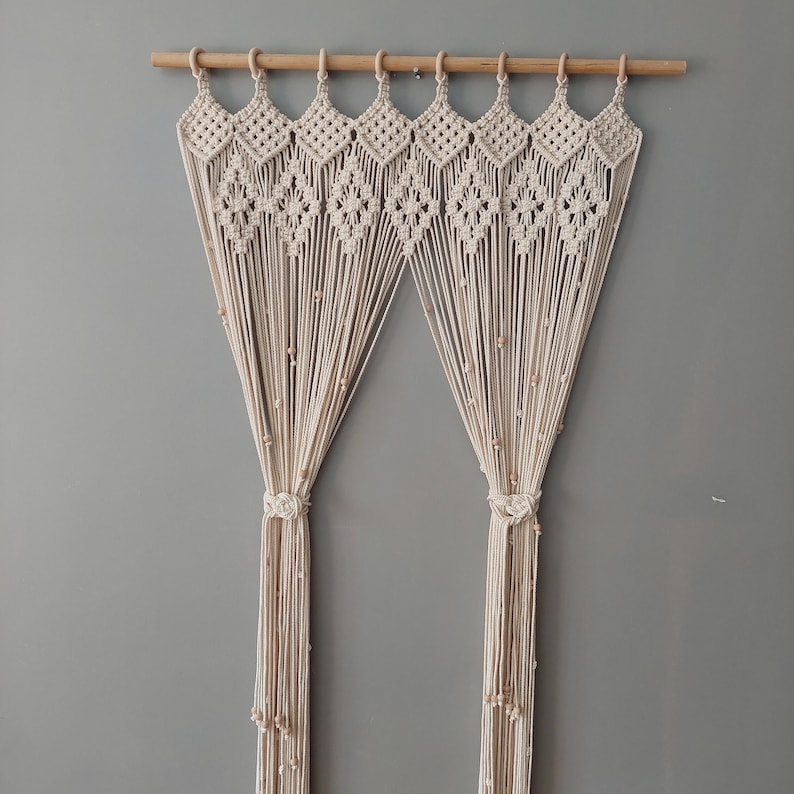 Beaded Macrame Curtain for Window or Door, Rustic Farmhouse Decor, Room ...