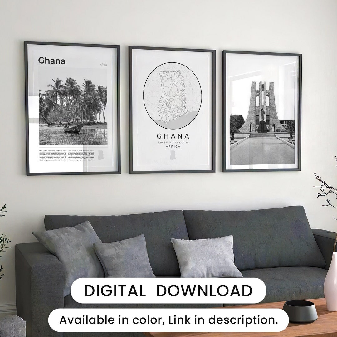 Digital Ghana Black and White Print Set of 3, Ghana Map, Ghana Poster ...