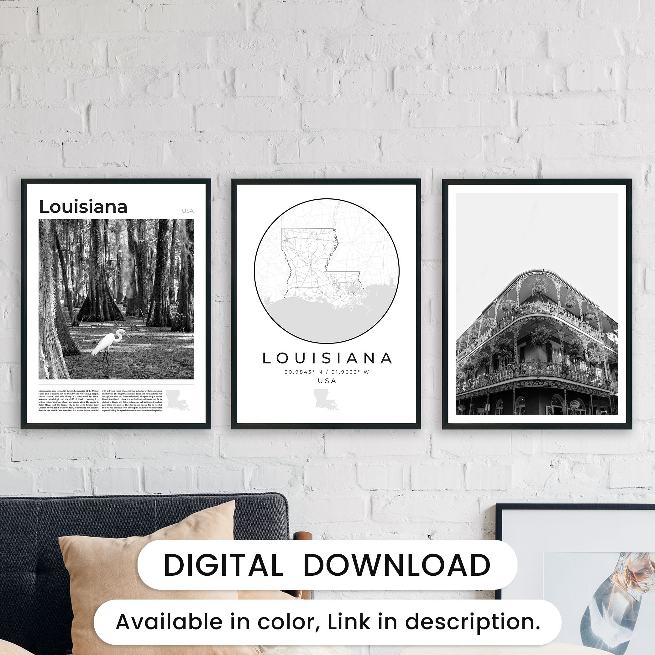 Digital Louisiana Black and White Print Set of 3, Louisiana Map Art ...