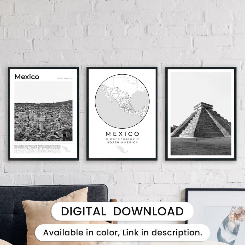 Mexico Black and White Poster Set: Map & Chichen Itza (digital Download ...