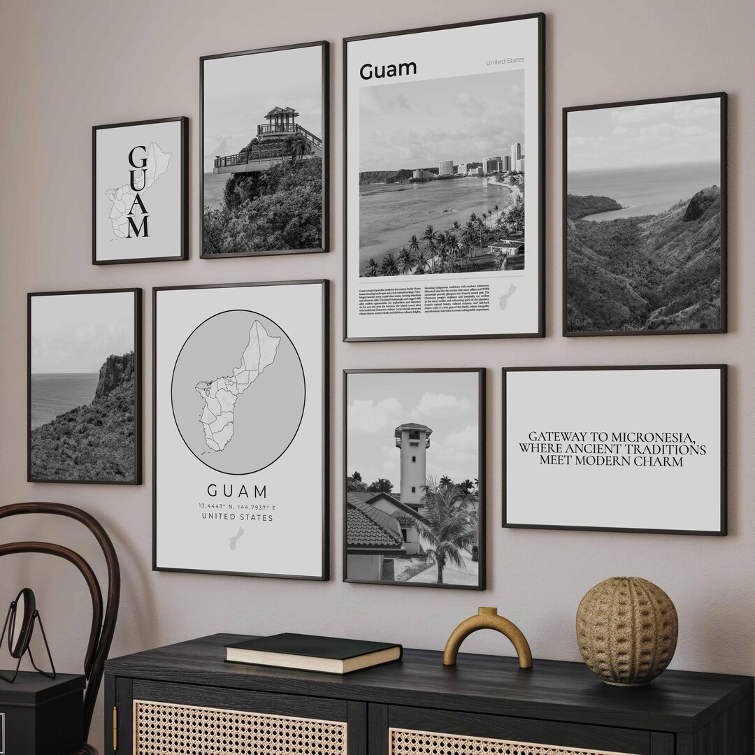 Digital Guam Print Set of 8, Black and White Guam Art Print, Guam Map ...