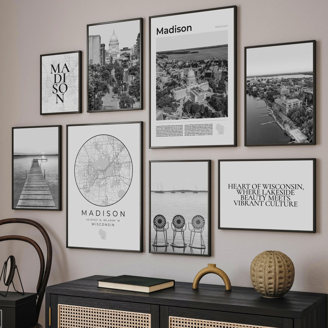 Madison Print Set of 8, Madison Wall Art Photo Map, Black and White ...